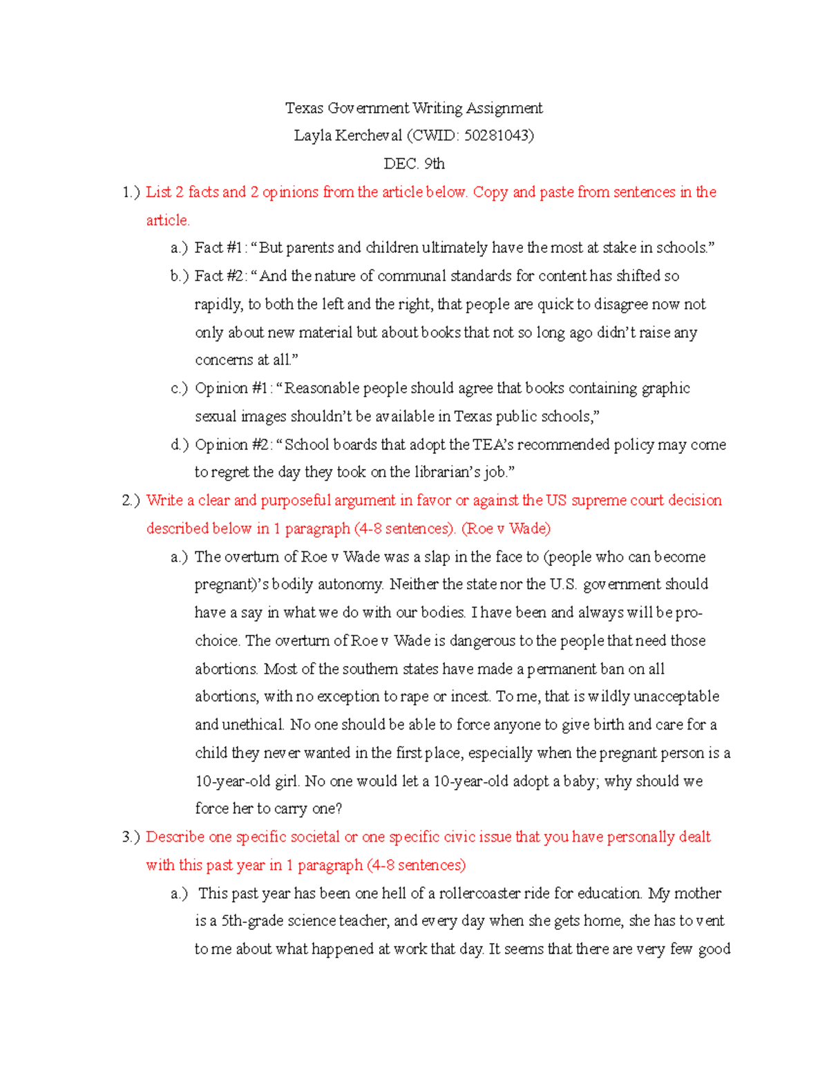 Writing Assignment - Texas Government Writing Assignment Layla ...