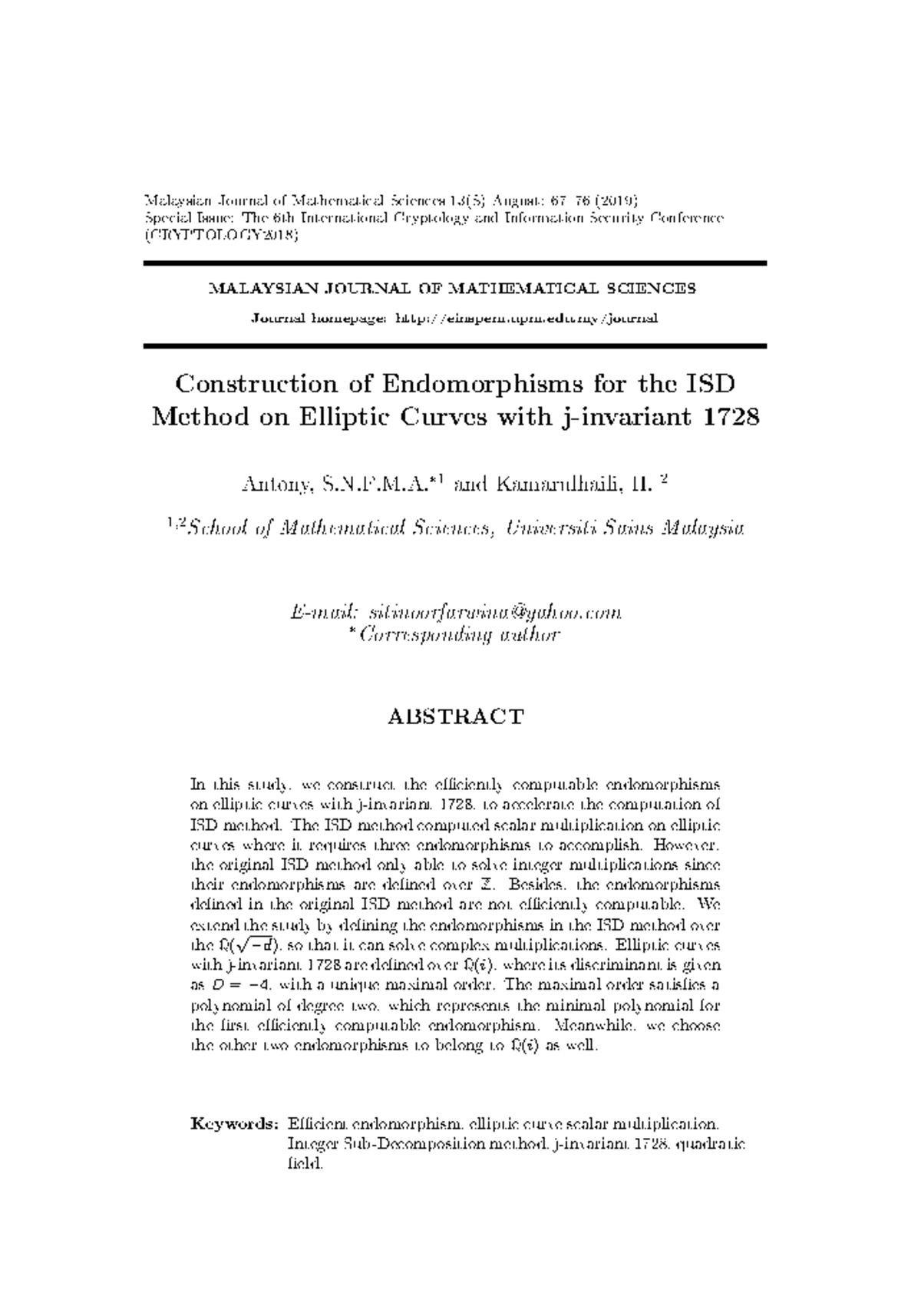 Construction of Endomorphisms for the ISD Method on Elliptic Curves ...