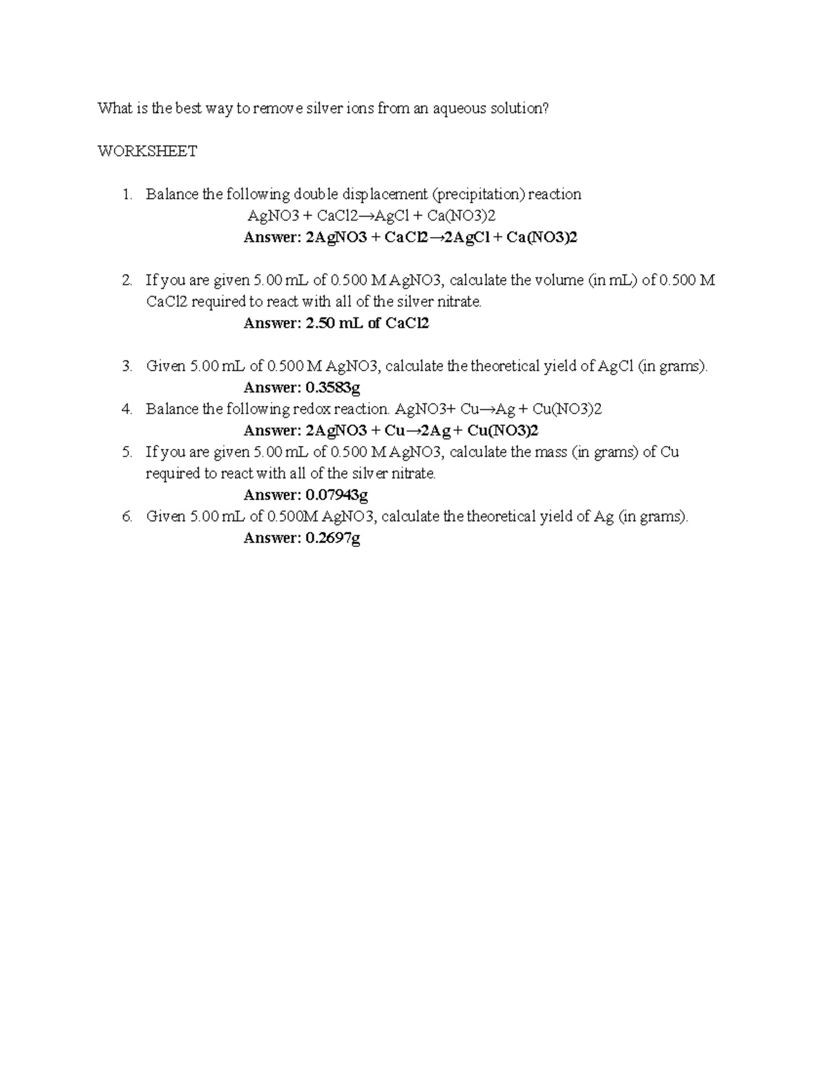 Silver Ion Worksheet - What is the best way to remove silver ions from ...