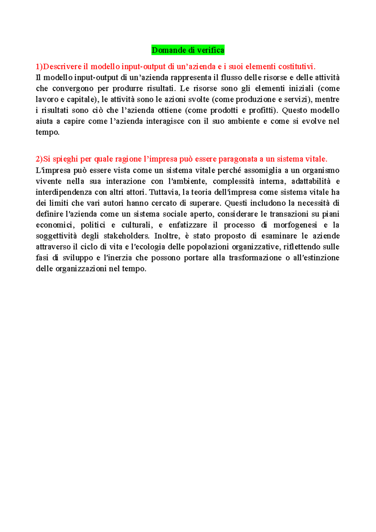 Domande di verifica modello input output - Domande di verifica 1)Descrivere il modello input ...