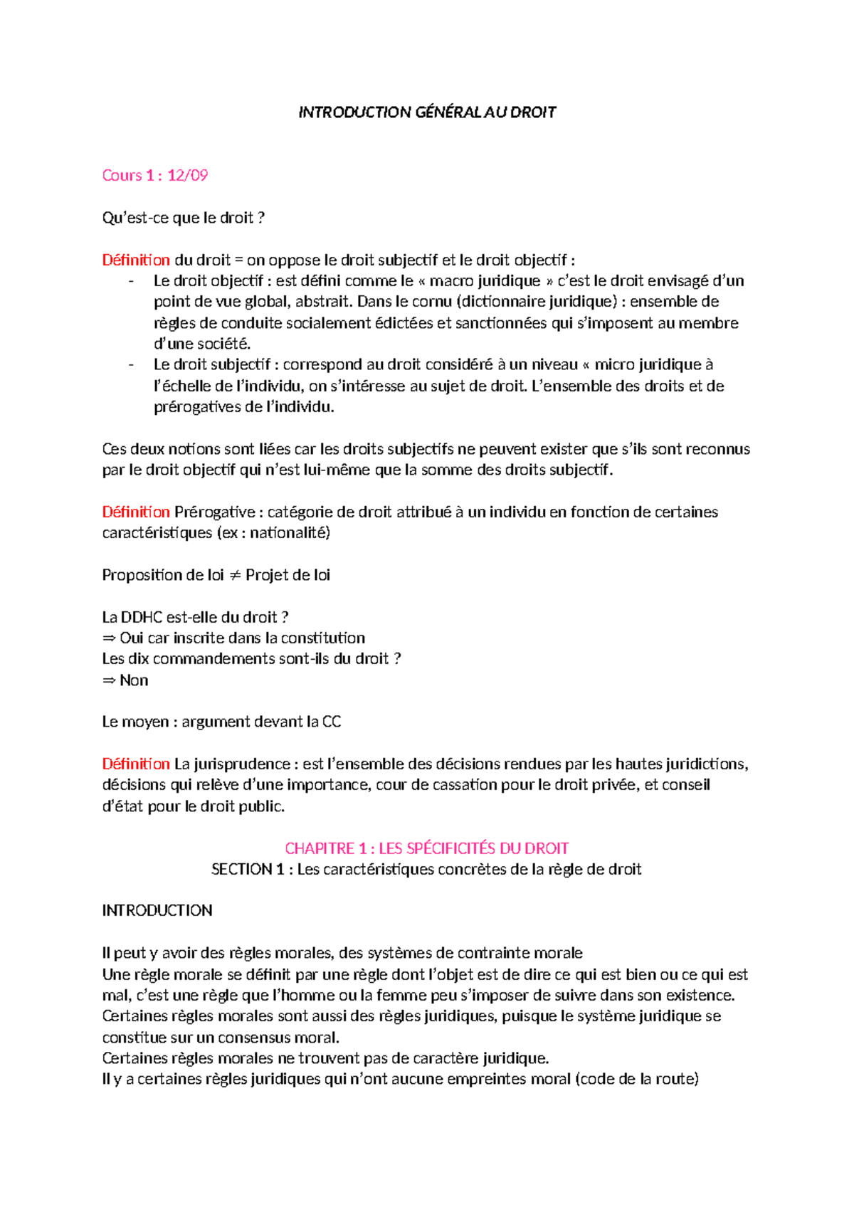 Introduction Général AU Droit - INTRODUCTION GÉNÉRAL AU DROIT Cours 1 : ...