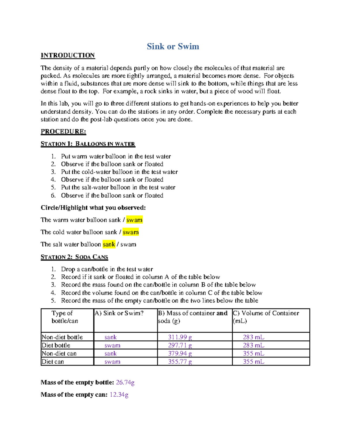 1 - Sink or Swim - err - Sink or Swim INTRODUCTION The density of a ...