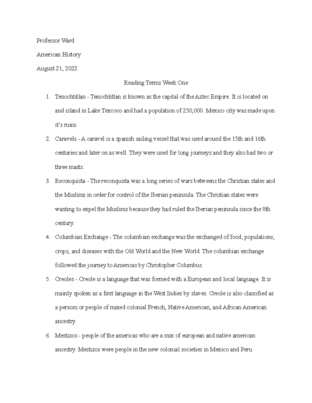 Reading Terms 1 - First week assignment answers - Professor Ward ...