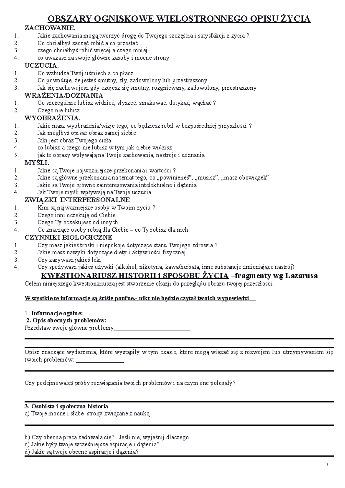Kwestionariusz osobisty - OBSZARY OGNISKOWE WIELOSTRONNEGO OPISU ŻYCIA ...