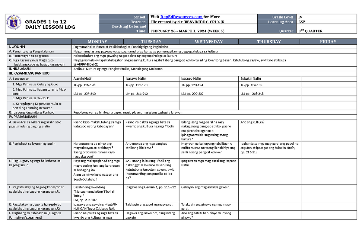 DLL ESP 4 Q3 W5 - for academics purposes - GRADES 1 to 12 DAILY LESSON ...