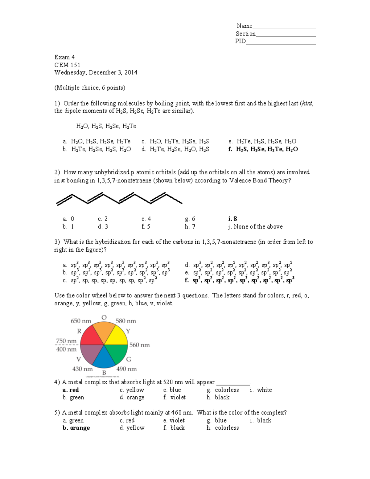 Exam4 2014 ans-all - Practice for exam - Section__________________ PID