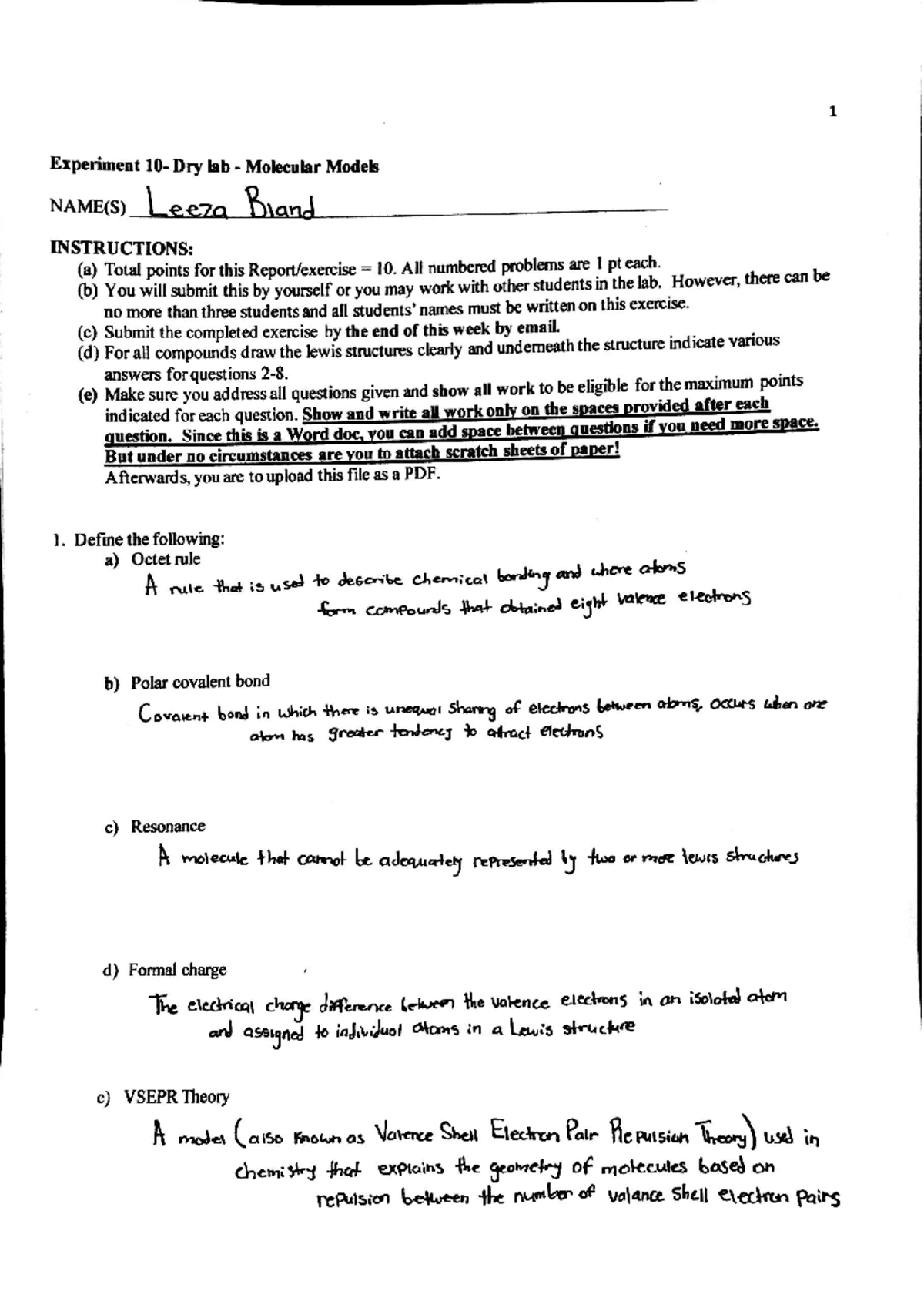 Experiment 10 Bland Leeza - CHEM 1017 - Studocu