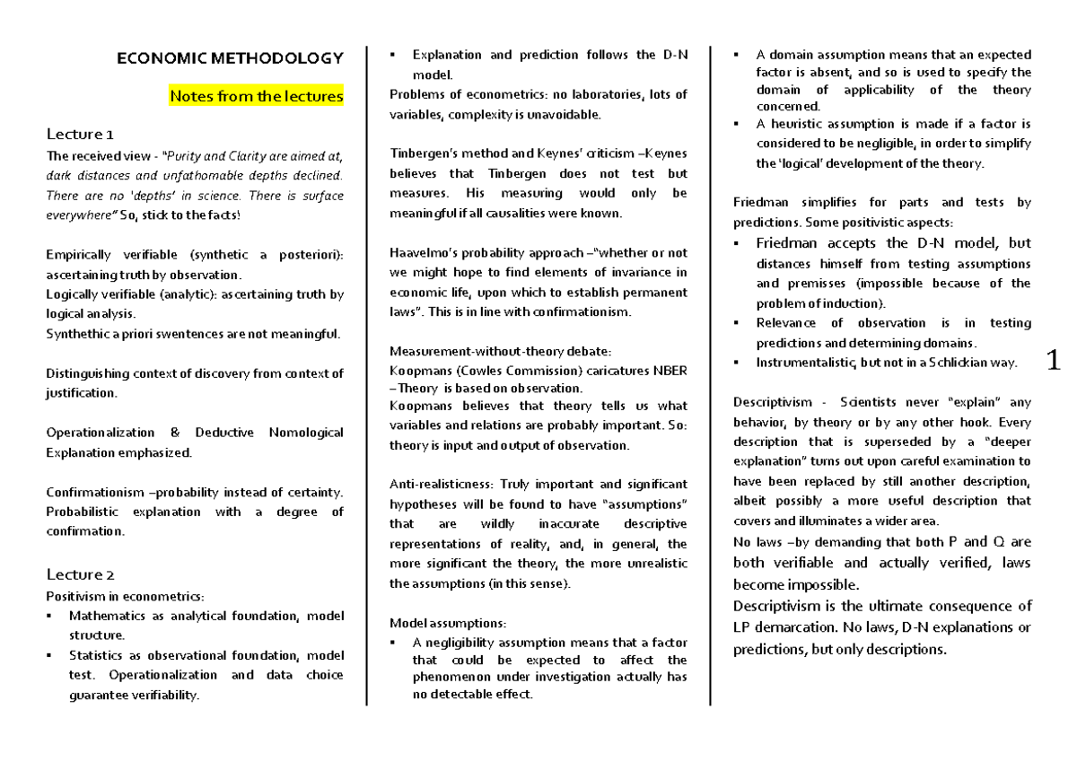 Economic Methodology Notes - ECONOMIC METHODOLOGY Notes from the ...