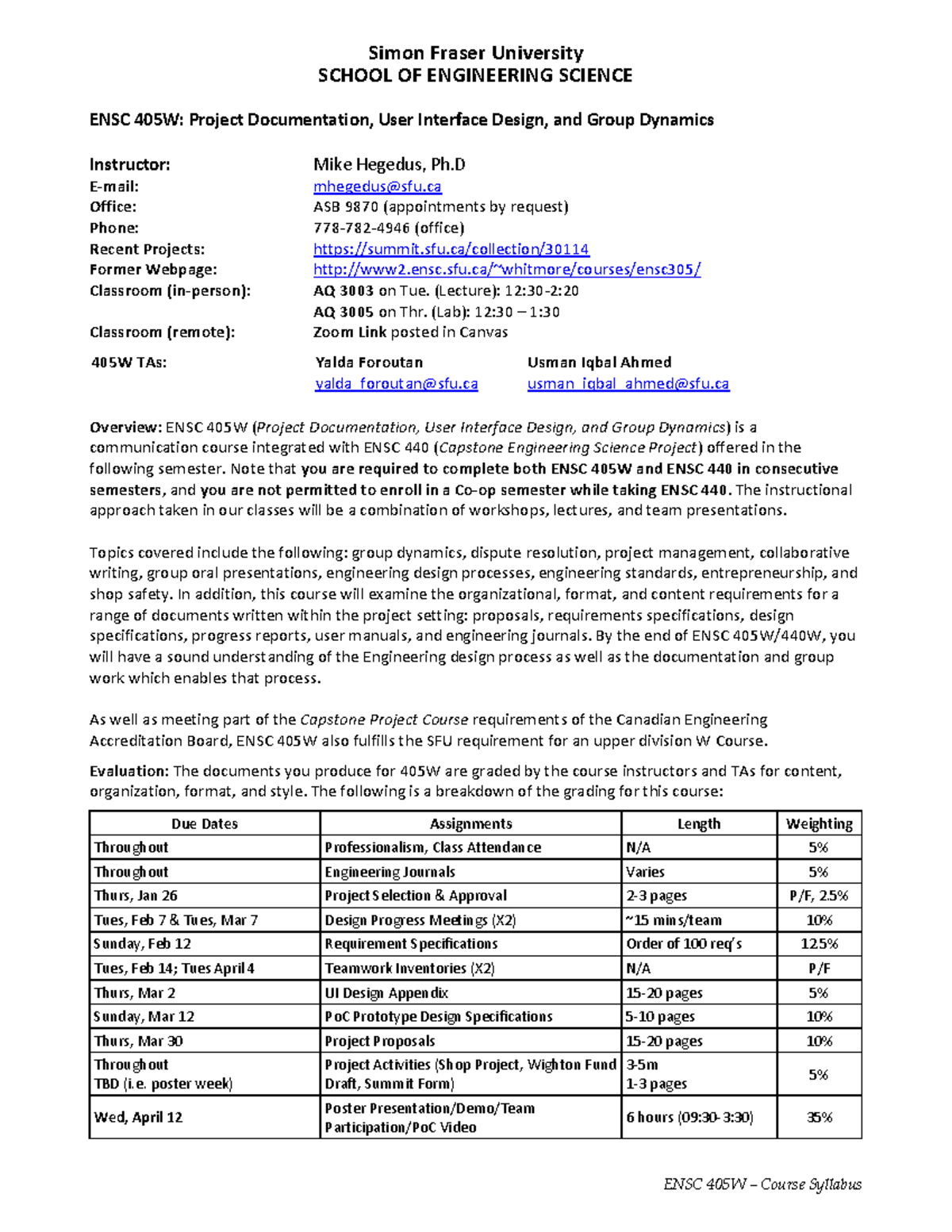 405W Outline Spring 2023 - Simon Fraser University SCHOOL OF ...