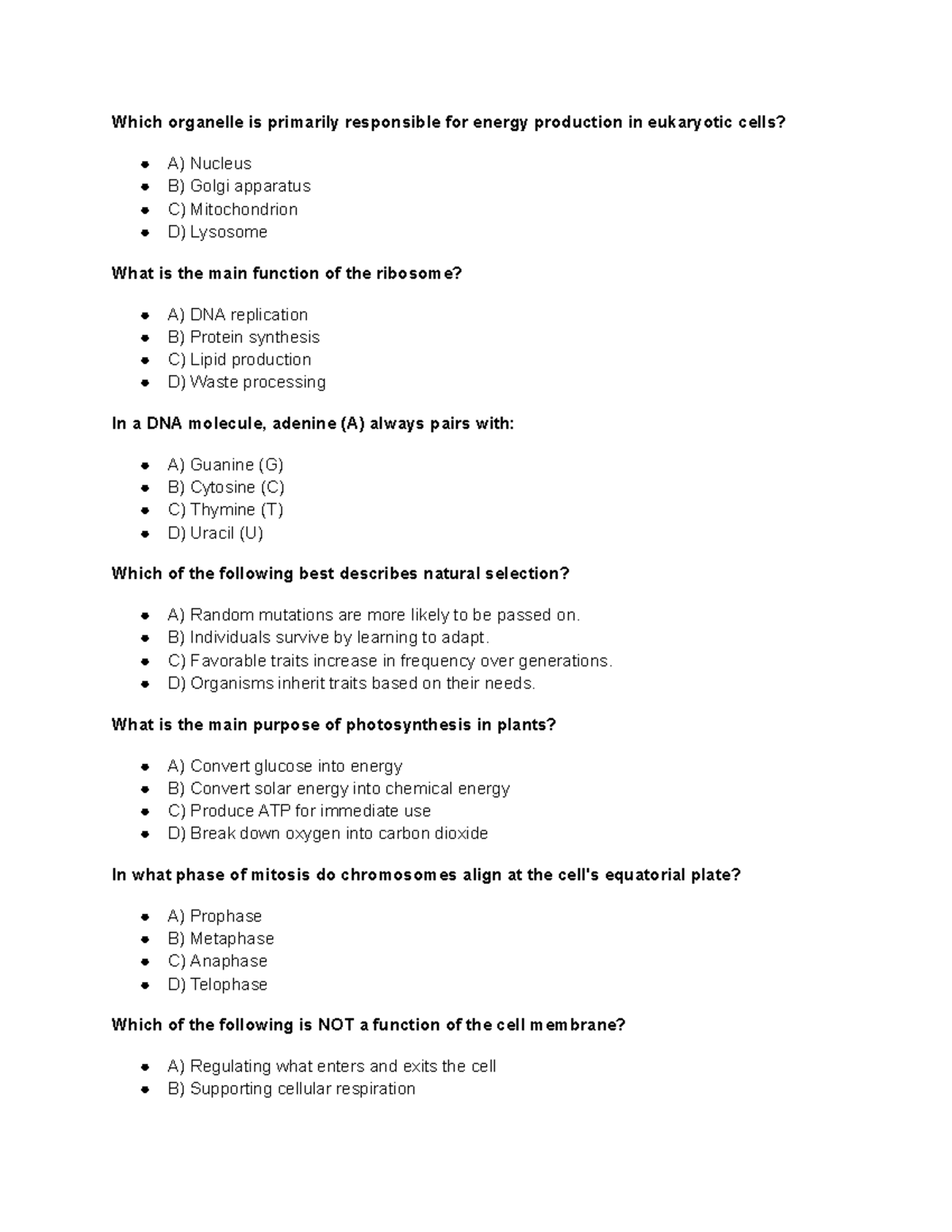 AP Bio MCQ 12 7 23 - Practice MCQ - Which organelle is primarily ...