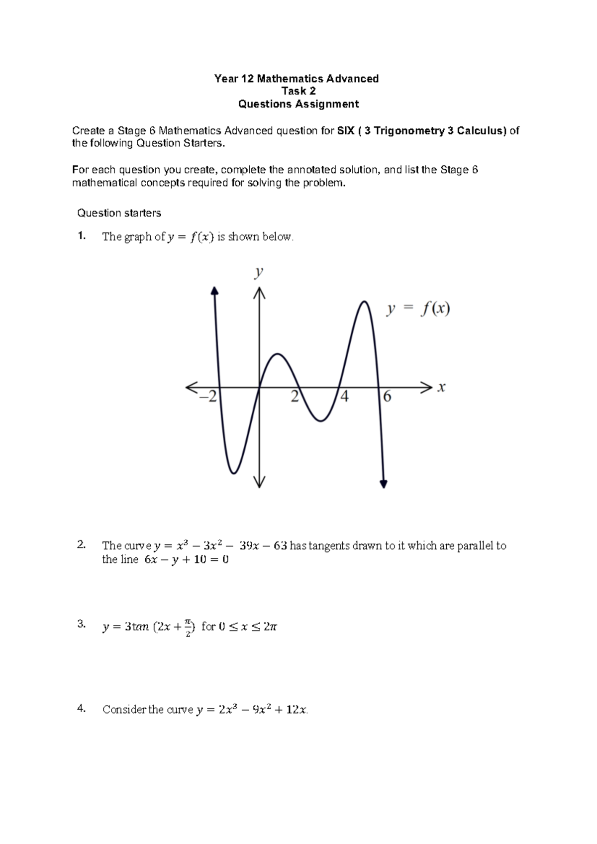 Year 12 Mathematics Advanced Task 2 question starters - Year 12 ...