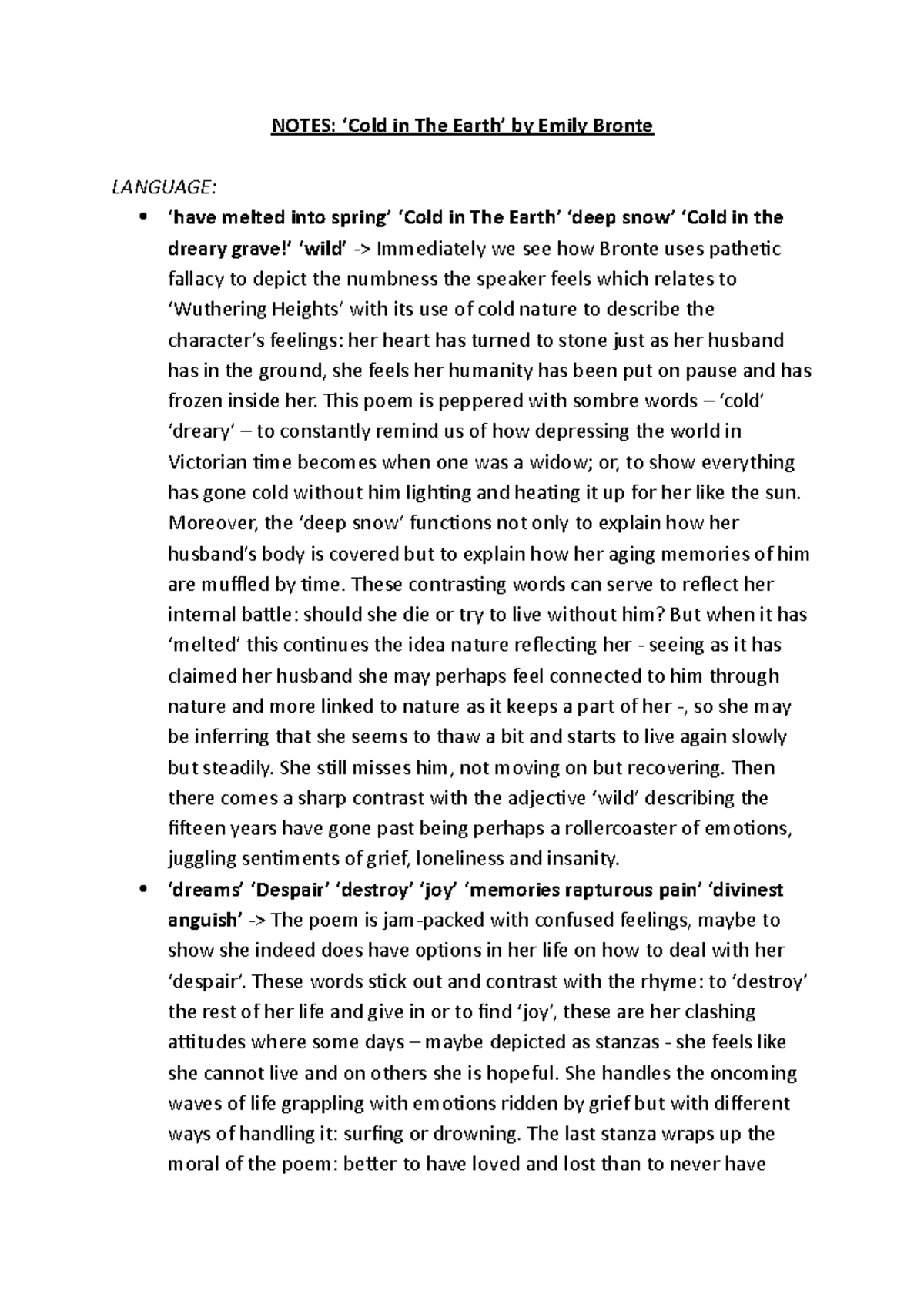 Notes- 'Cold in the Earth' - NOTES: ‘Cold in The Earth’ by Emily Bronte ...