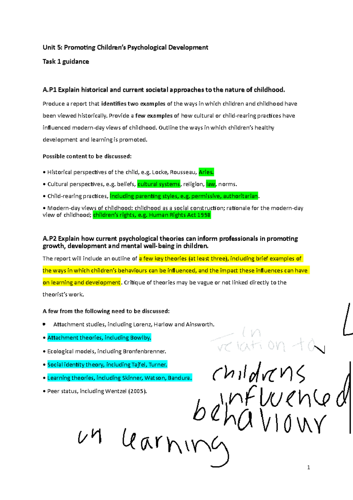 Task 1 quidance-1 - Unit 5: Promoting Children’s Psychological ...