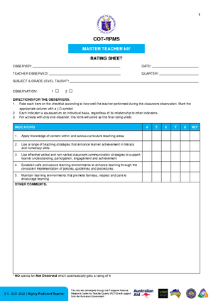 RPMS Tool for Proficient Teachers SY 2022 2023 - Education - Studocu