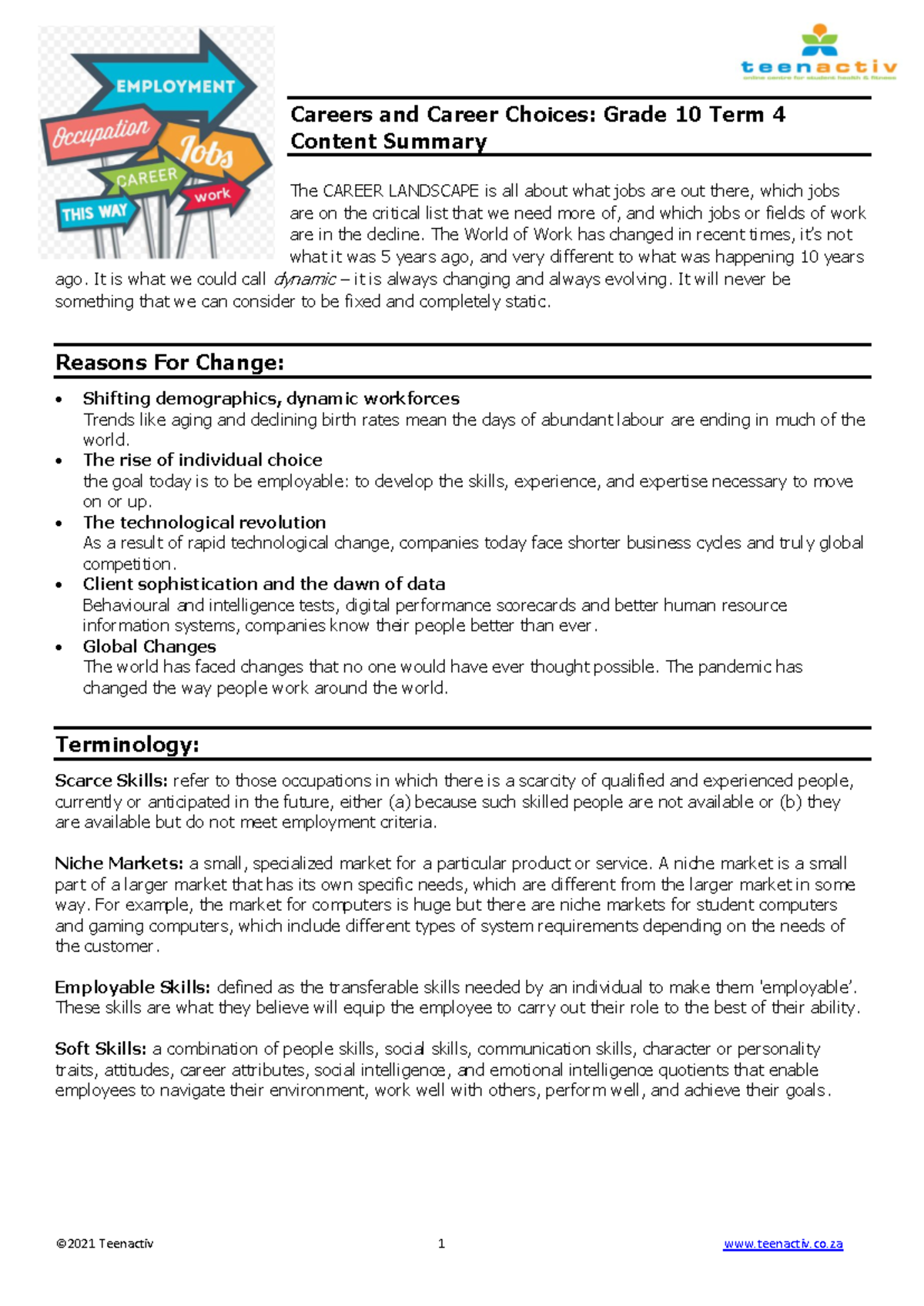 11 Content Summary - Study - Careers and Career Choices: Grade 10 Term ...