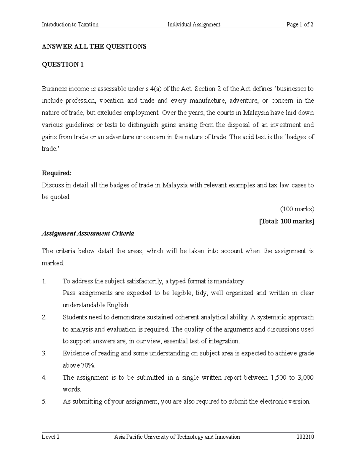 Assignment Question - Business taxation tutorial - Introduction to ...