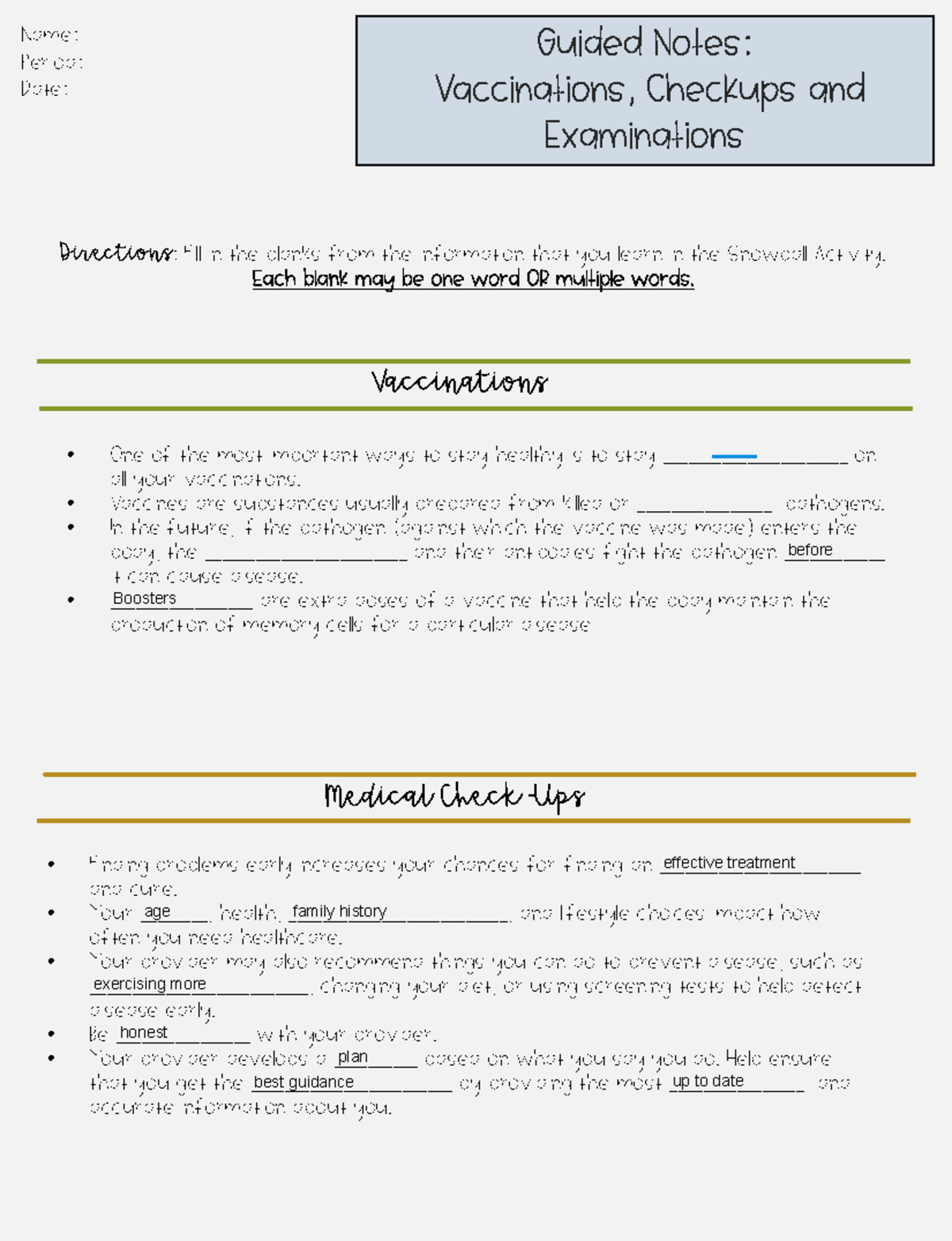 Dental Assisngment completed - Guided Notes: Vaccinations, Checkups and ...