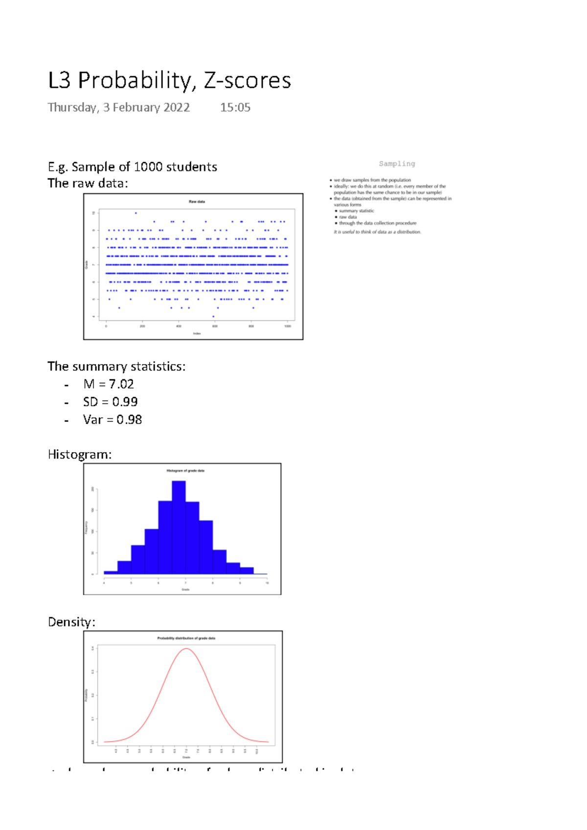 L3 Probability, Z-scores - E. Sample of 1000 students The raw data: The ...