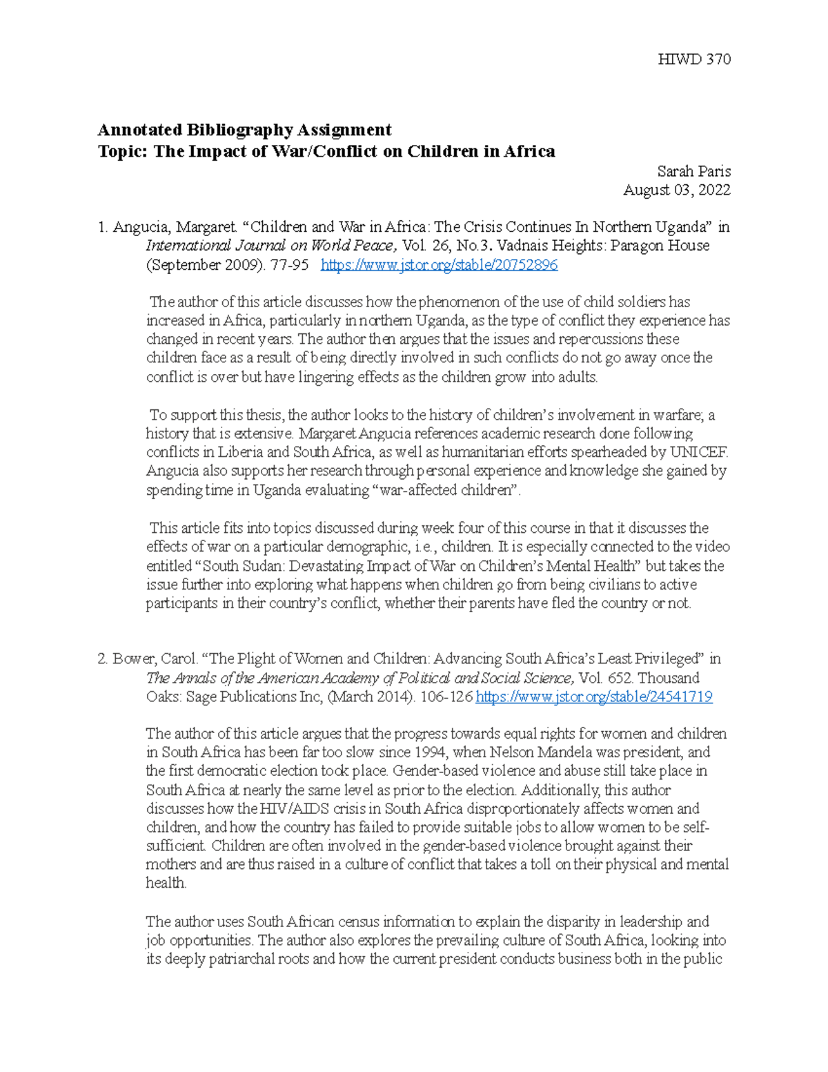Annotated Bibliography Assignment - “Children and War in Africa: The ...