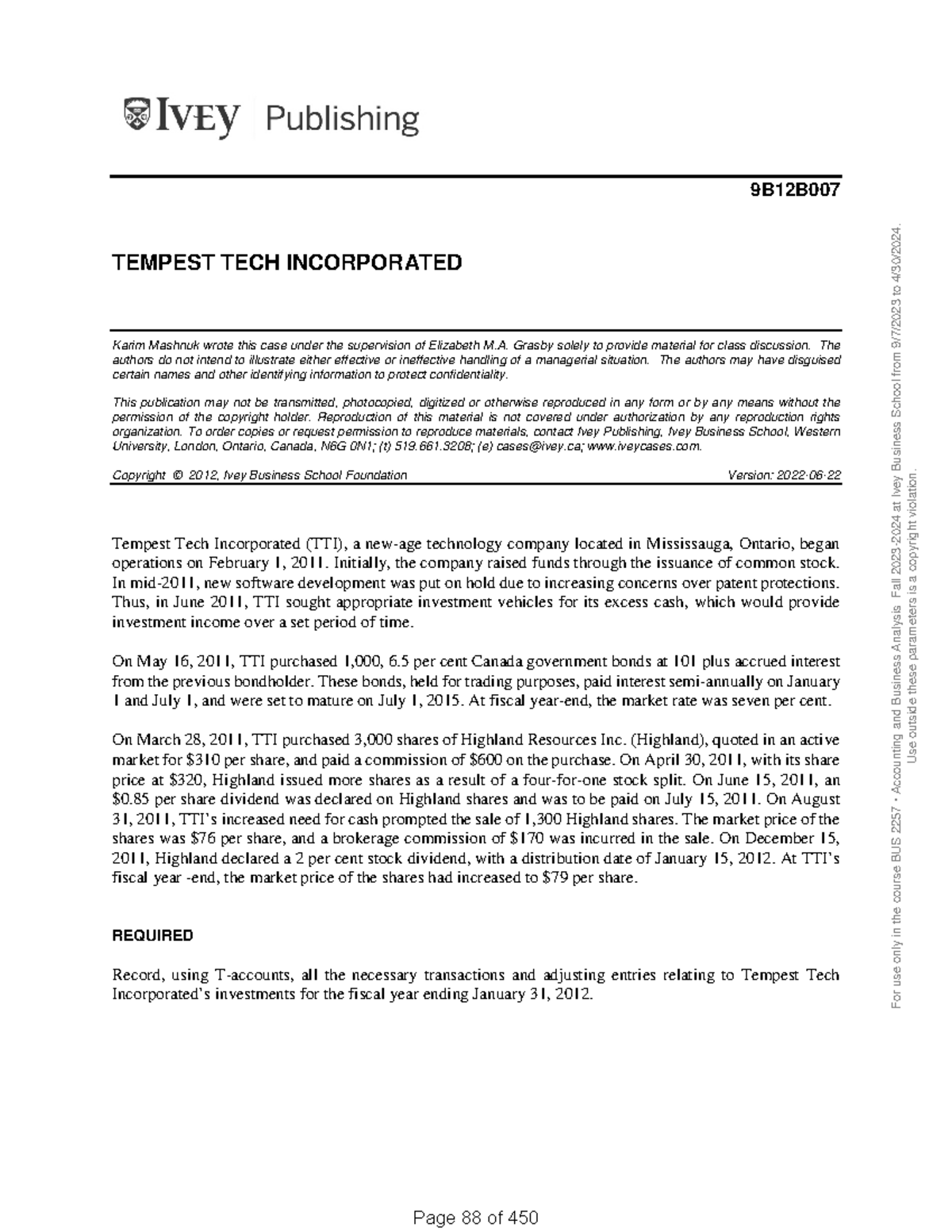 Tempest - 9B12B TEMPEST TECH INCORPORATED Karim Mashnuk wrote this case under the supervision of ...