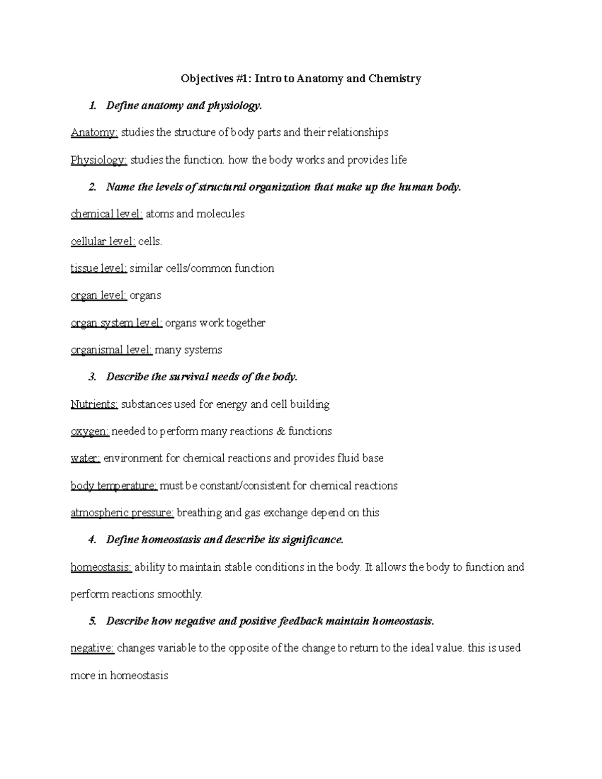 Objectives #1- Intro to Anatomy & Chemistry - Objectives #1: Intro to ...