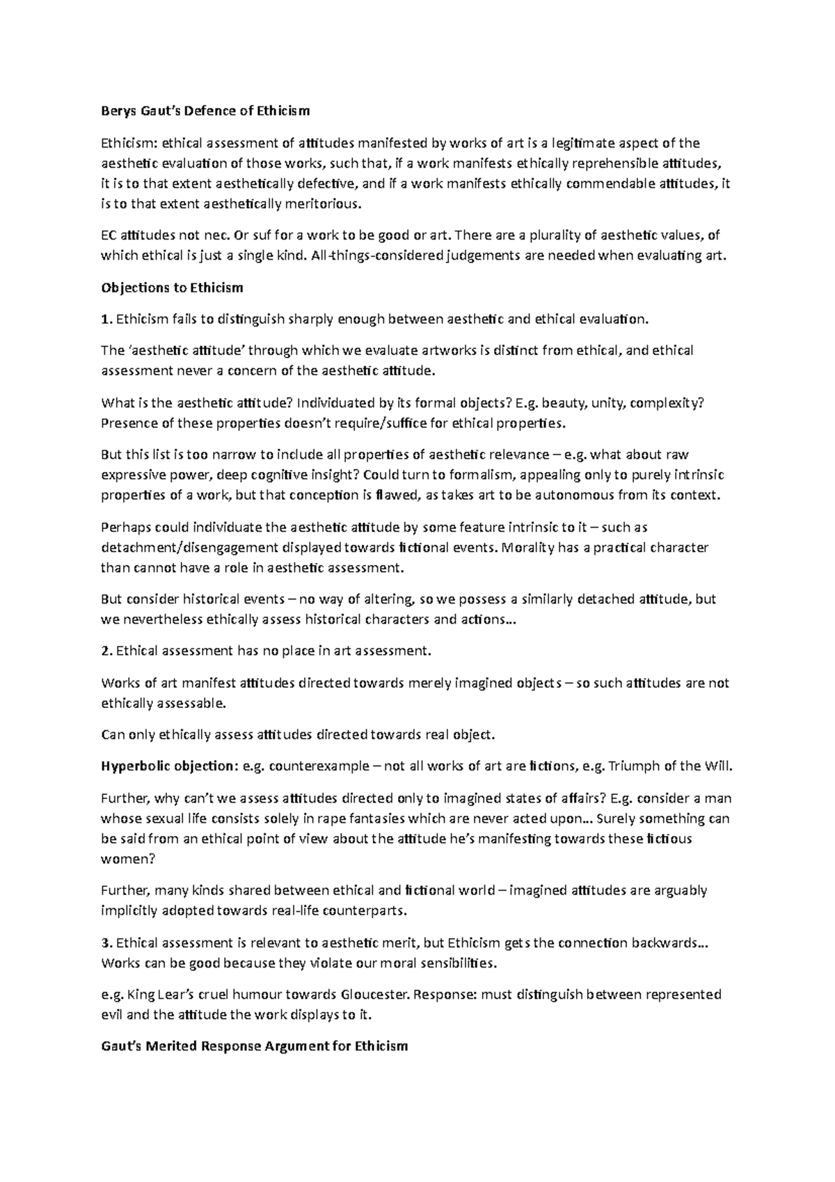 Berys Gaut The Ethical Criticism of Art Summary - Berys Defence of ...