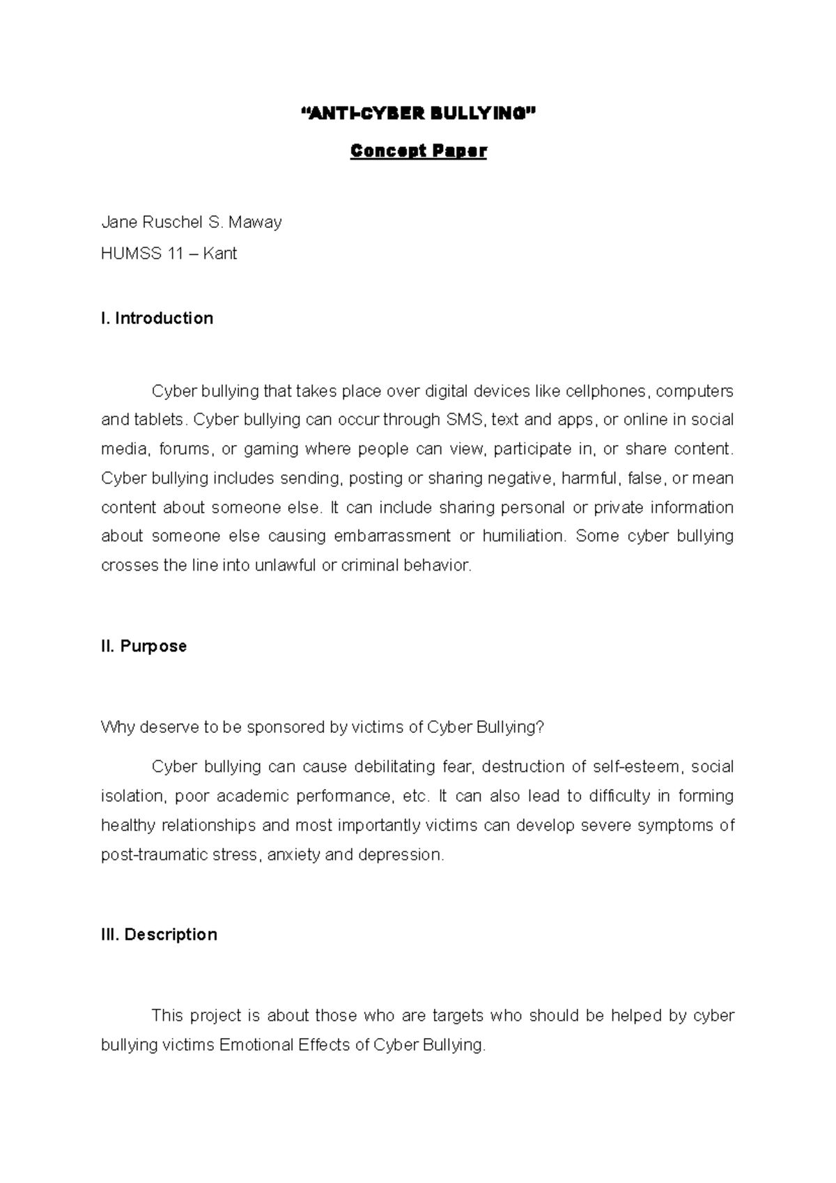 Jane Ruschel Concept Paper - “ANTI-CYBER BULLYING” Concept Paper Jane ...