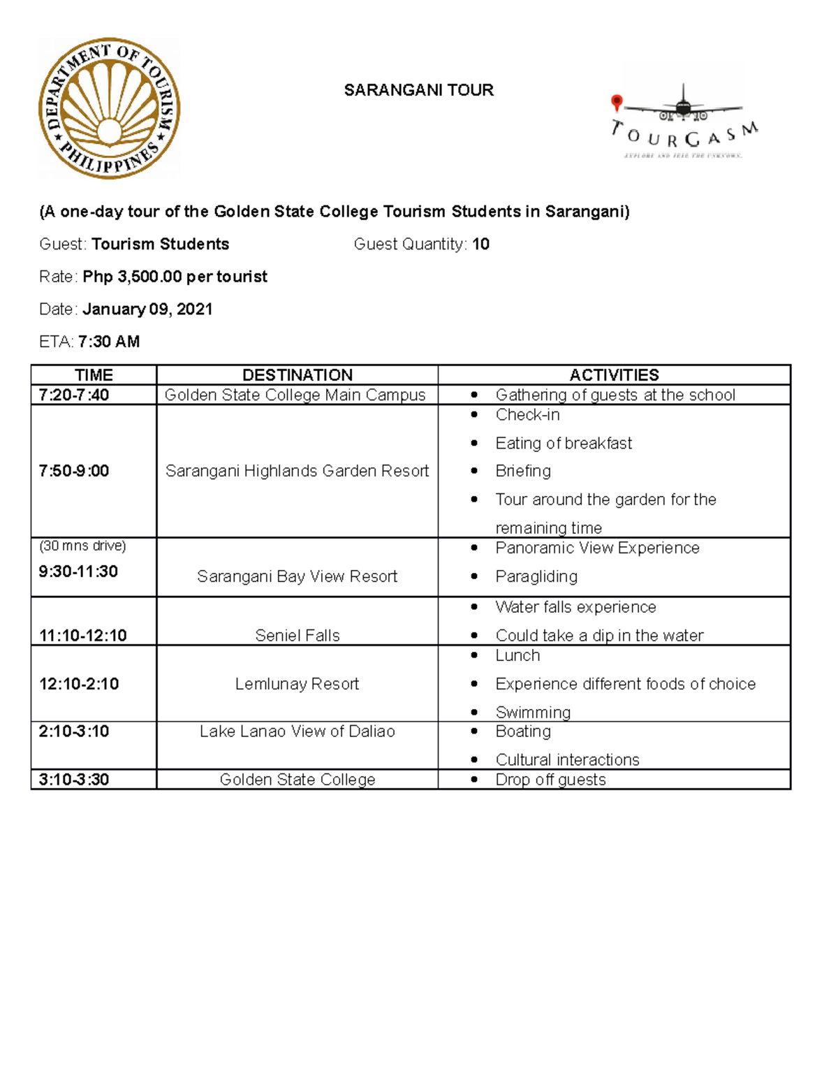 Itinerary gensan final - SARANGANI TOUR (A one-day tour of the Golden ...