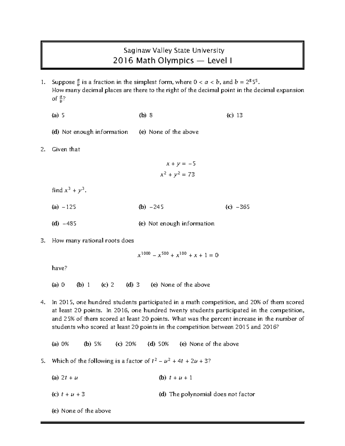 2016 MO L1 - Mathematics - Saginaw Valley State University 2016 Math ...