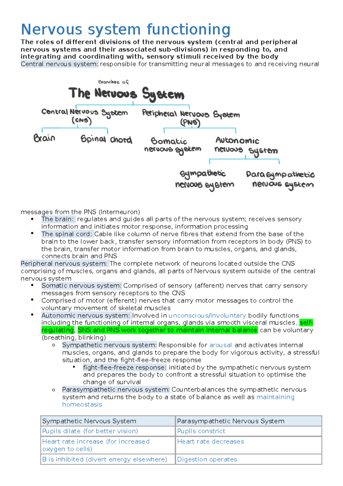 2022 Psychology Notes - N.A. - Nervous system functioning The roles of ...