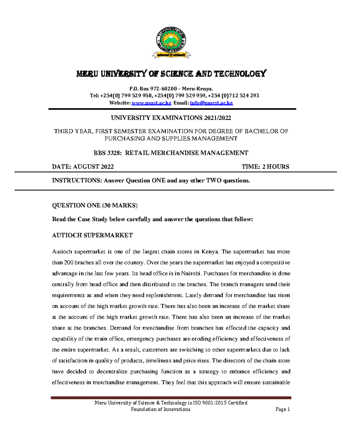 BBS 3328 Retail Merchandise Management - Meru University of Science & Technology is ISO - Studocu