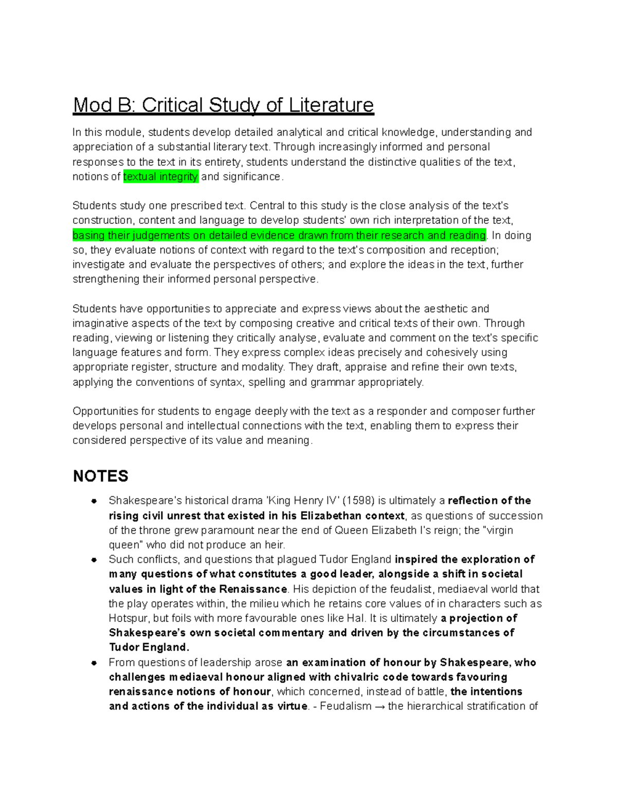 HP4P1 Advanced English Notes - Mod B: Critical Study of Literature In ...