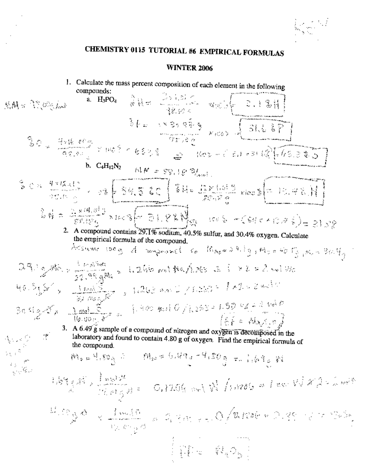 Tutorial 6 Emperical Formulas answers - Chem 0130 - Studocu