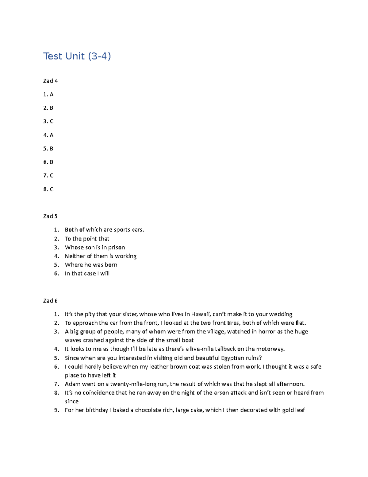 New Microsoft Word Document - Test Unit (3-4) Zad 4 A B C A B B C C Zad ...