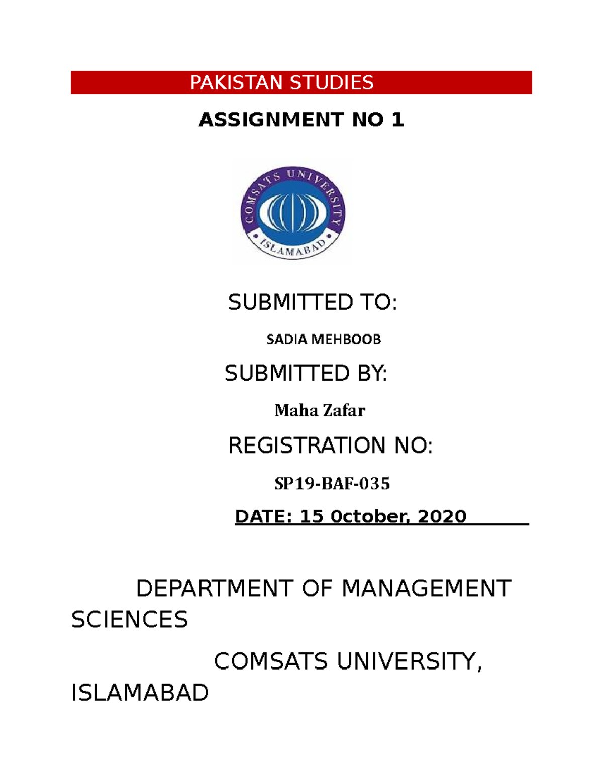 MAHA Zafar pak studdies Assignment 1 - PAKISTAN STUDIES ASSIGNMENT NO 1 ...