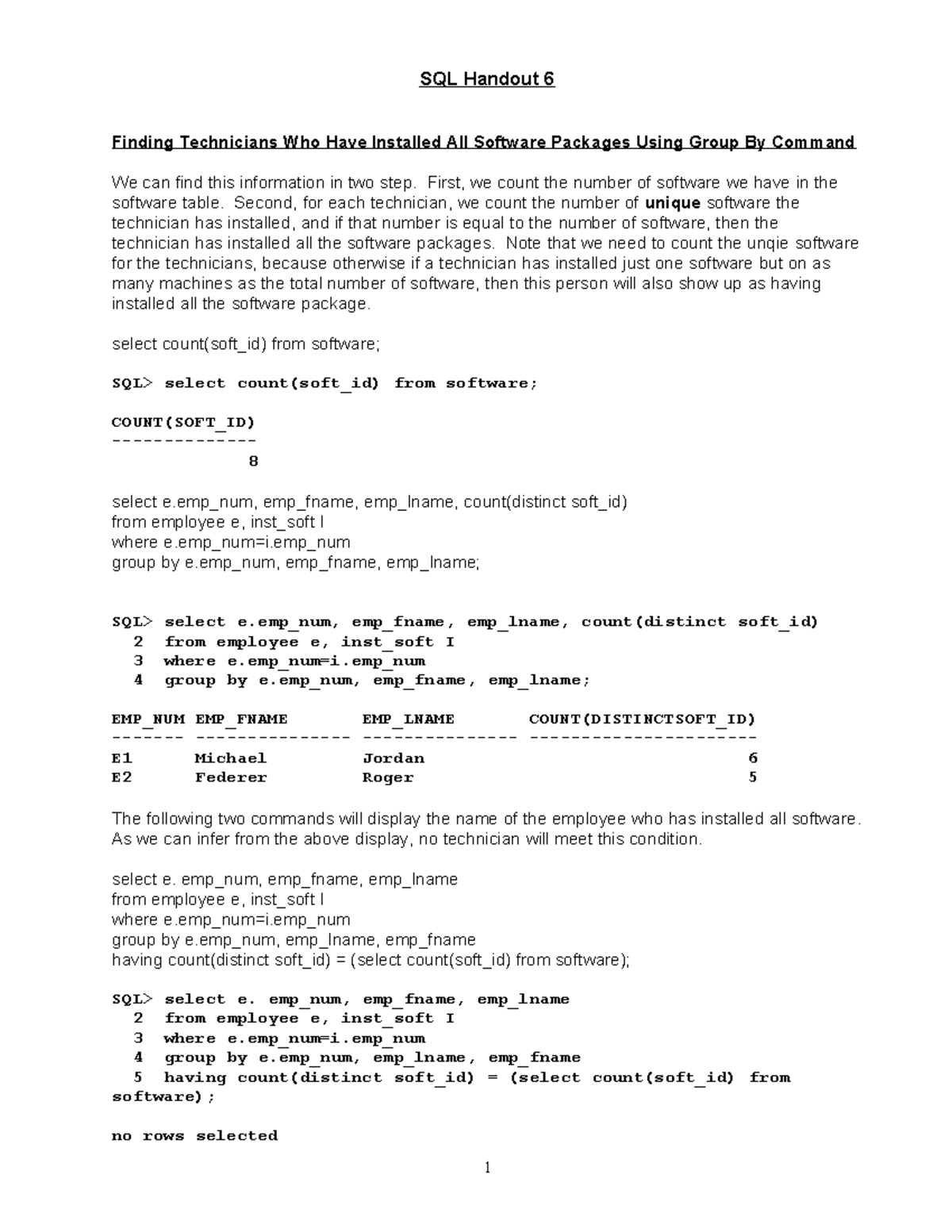 Sql Handout 6 First We Count The Number Of Software We Have In The Software Table Second 