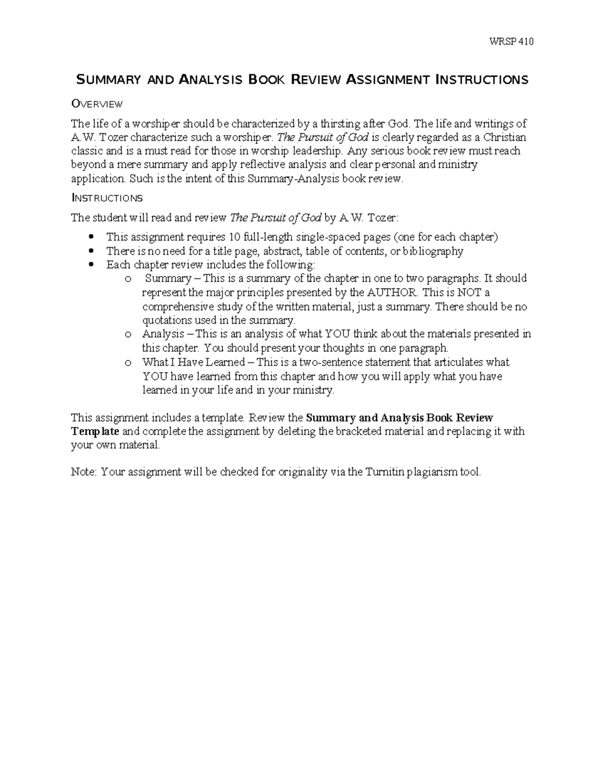 Summary and Analysis Book Review Assignment Instruction - WRSP 410 SUMMARY AND ANALYSIS BOOK ...