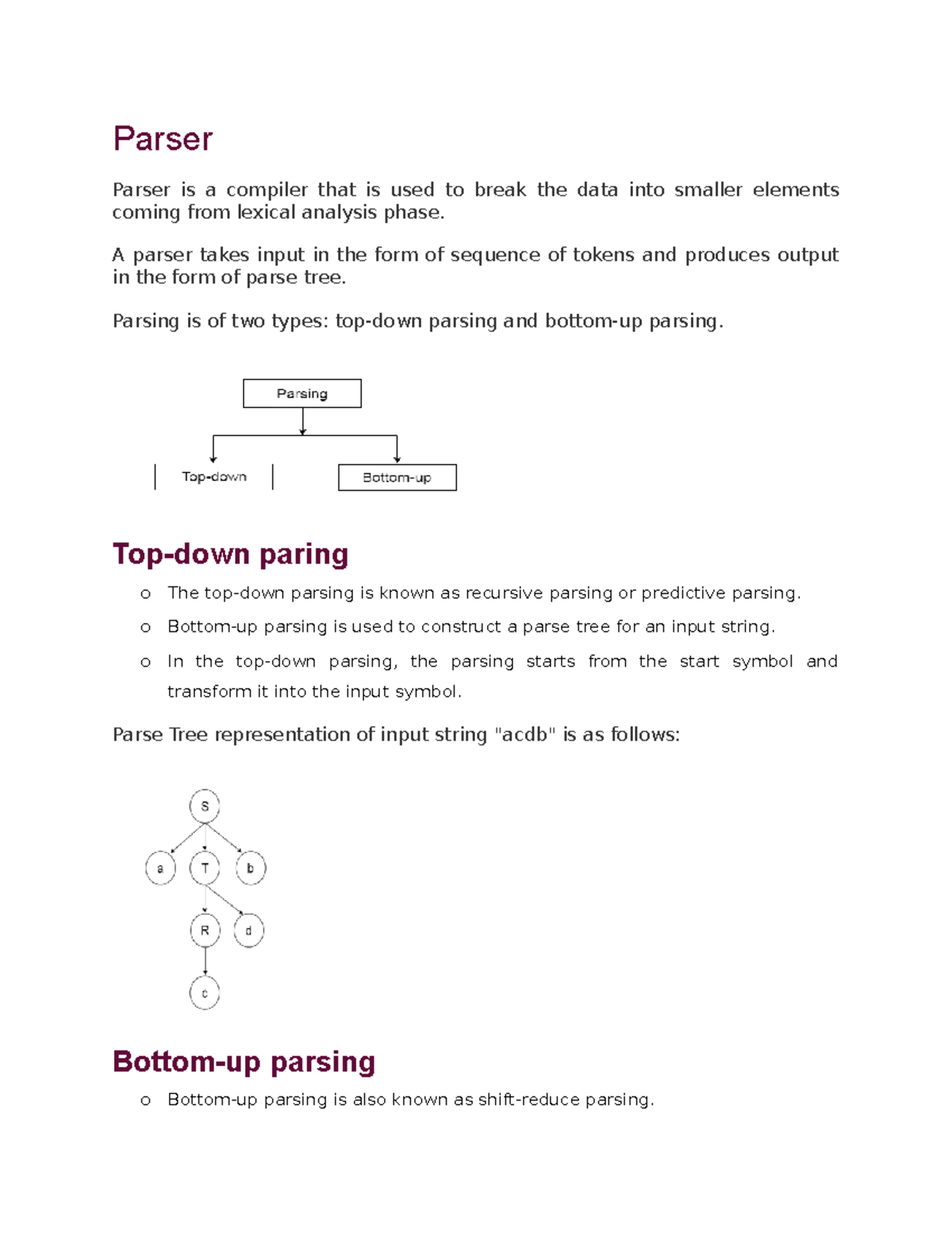 Cd Unit 2 - CD - Parser Parser is a compiler that is used to break the data into smaller ...
