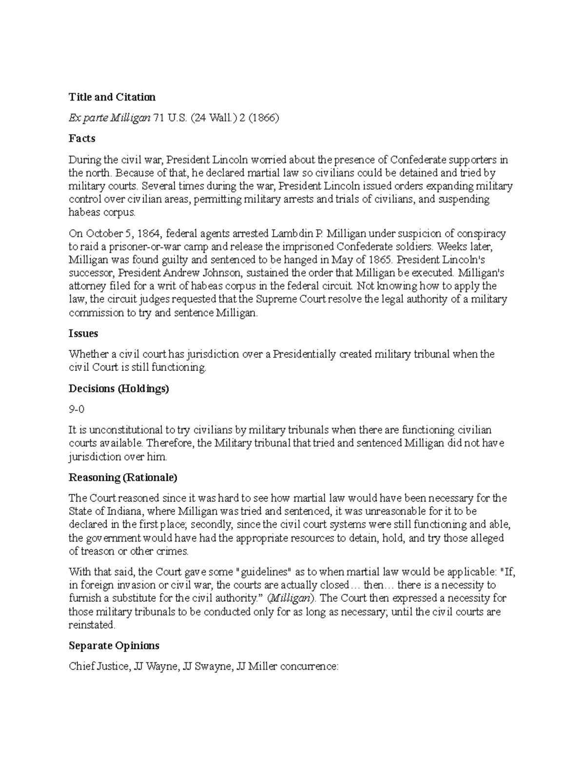 Prize Cases and Ex Parte Milligan Case Briefs Sample - Title and ...