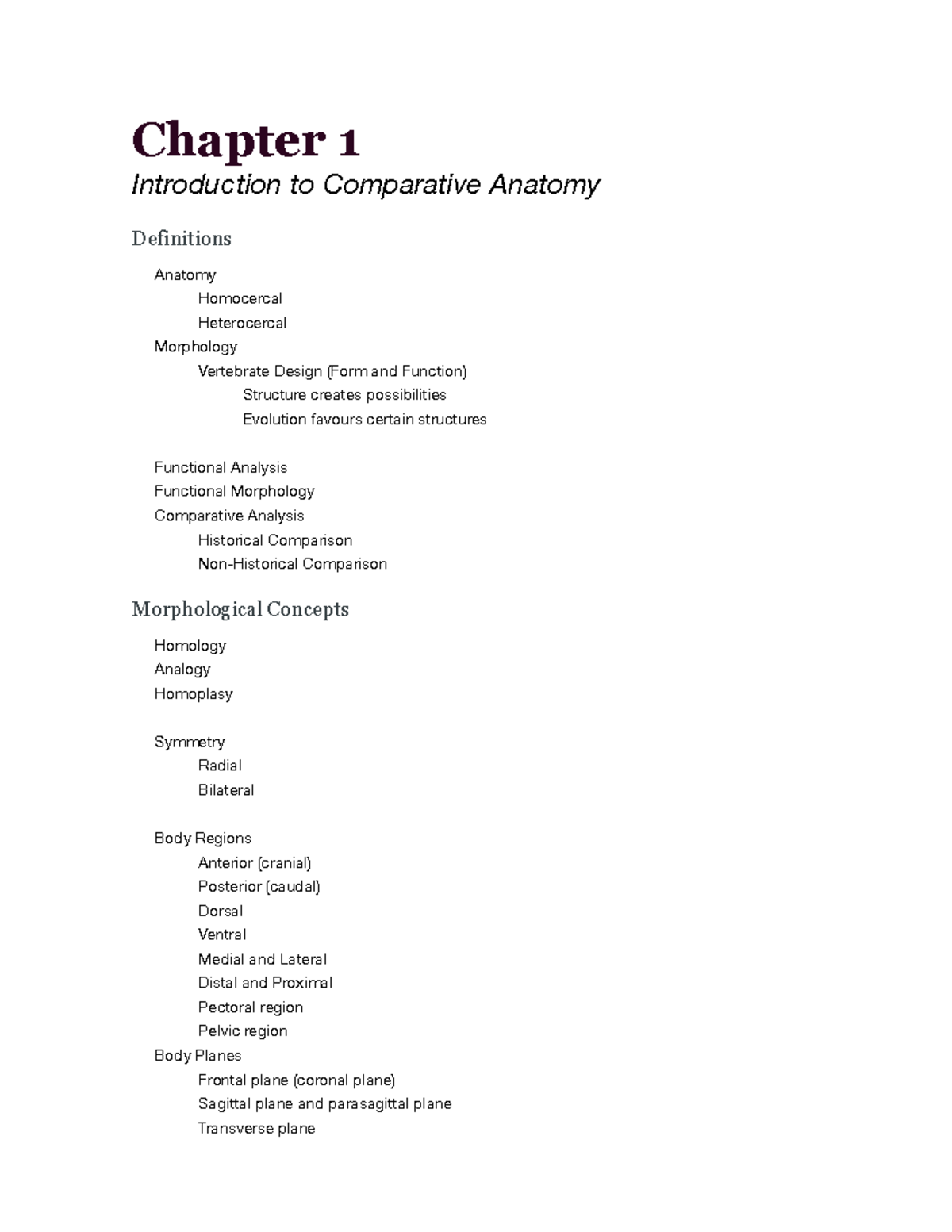 Outline - Chapter 1 Introduction to Comparative Anatomy Definitions ...