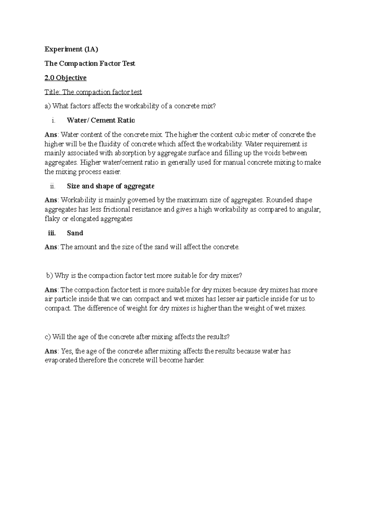 BM Report ( Slump & Compaction Test) - Experiment (1A) The Compaction ...