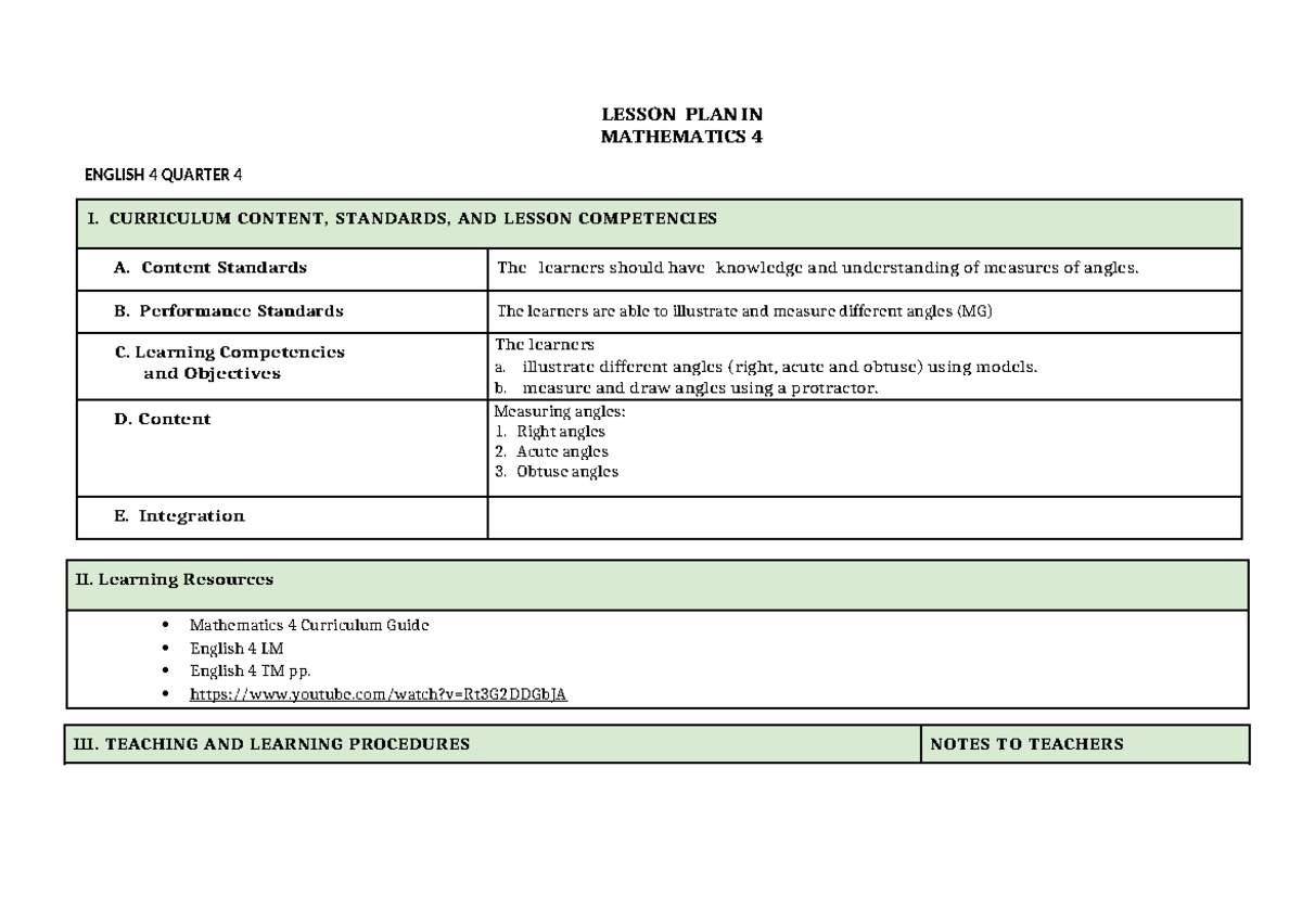 Math 4 Lesson Plan 1 - LESSON PLAN IN MATHEMATICS 4 ENGLISH 4 QUARTER 4 ...