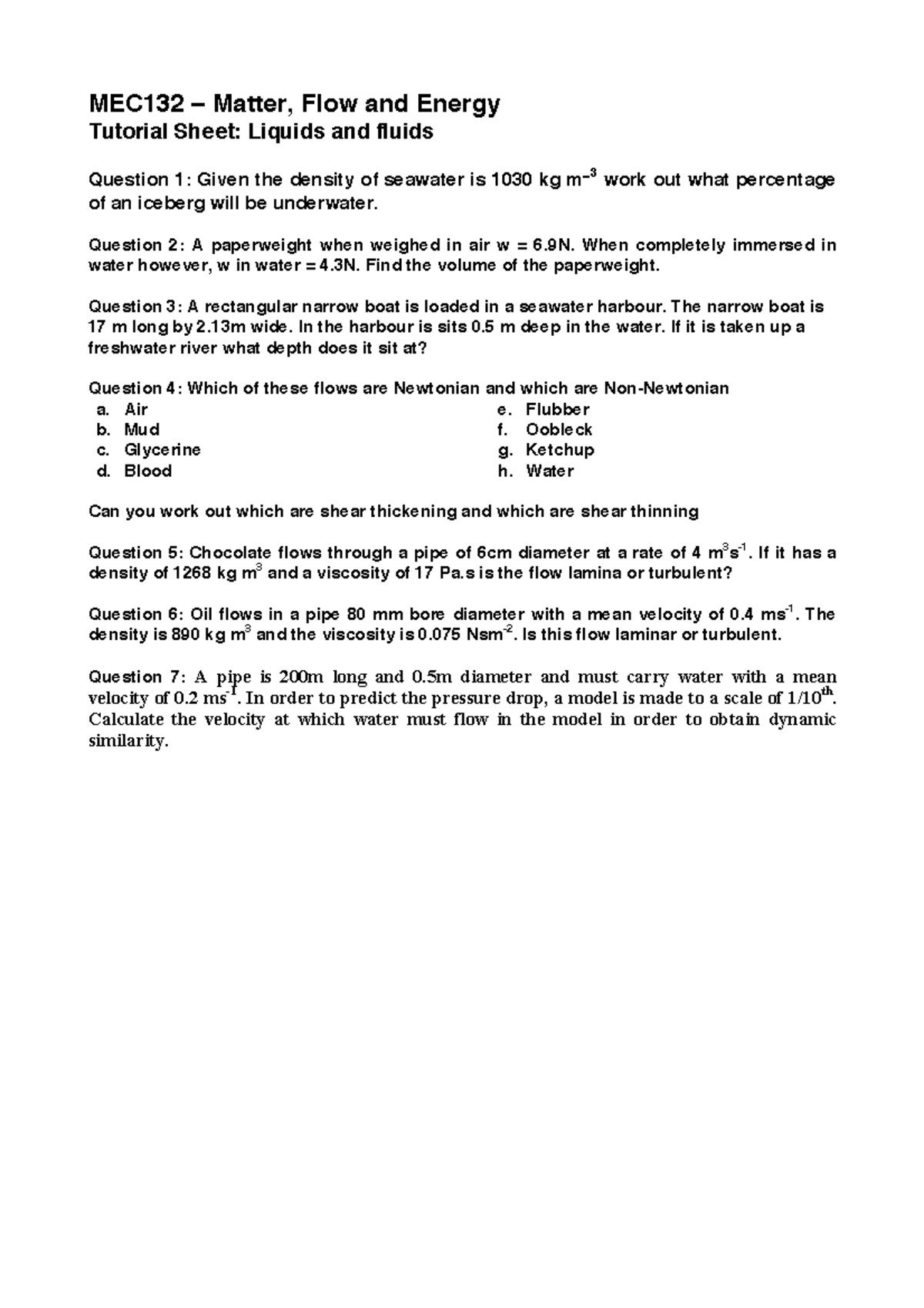 MEC132 tutorials + answers (Julian Dean) - MEC132 – Matter, Flow and ...