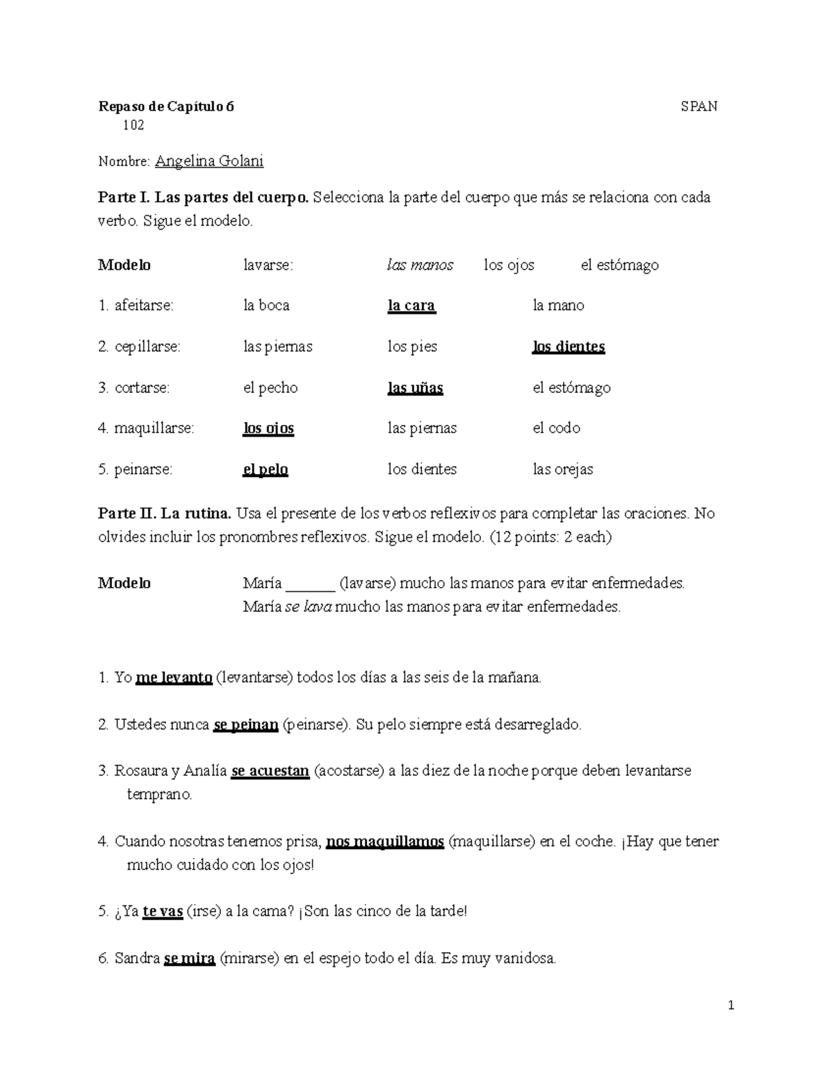 SPAN 102 Cap. 6 Hoja de repaso-2 - Repaso de Capítulo 6 SPAN 102 Nombre ...