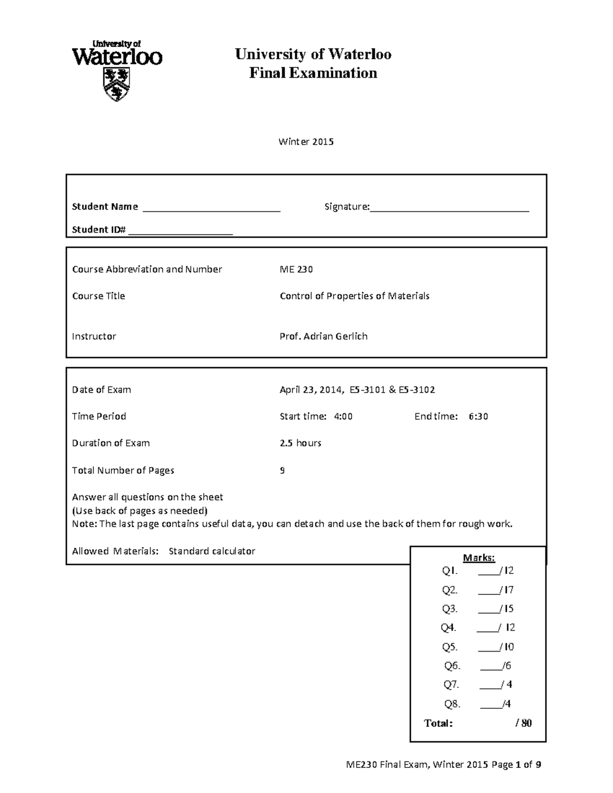 Final Exam 4 April Winter 2015, questions and answers - University of ...