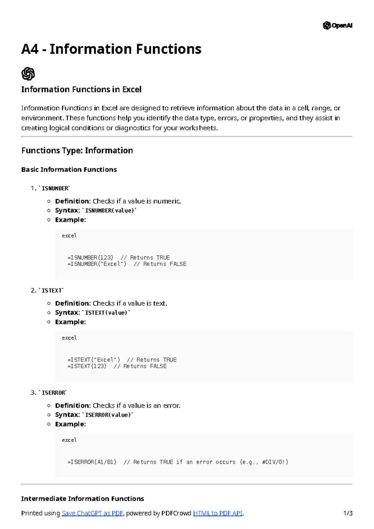 MS Excel - Information Functions - A4 - Information Functions Information Functions in Excel ...