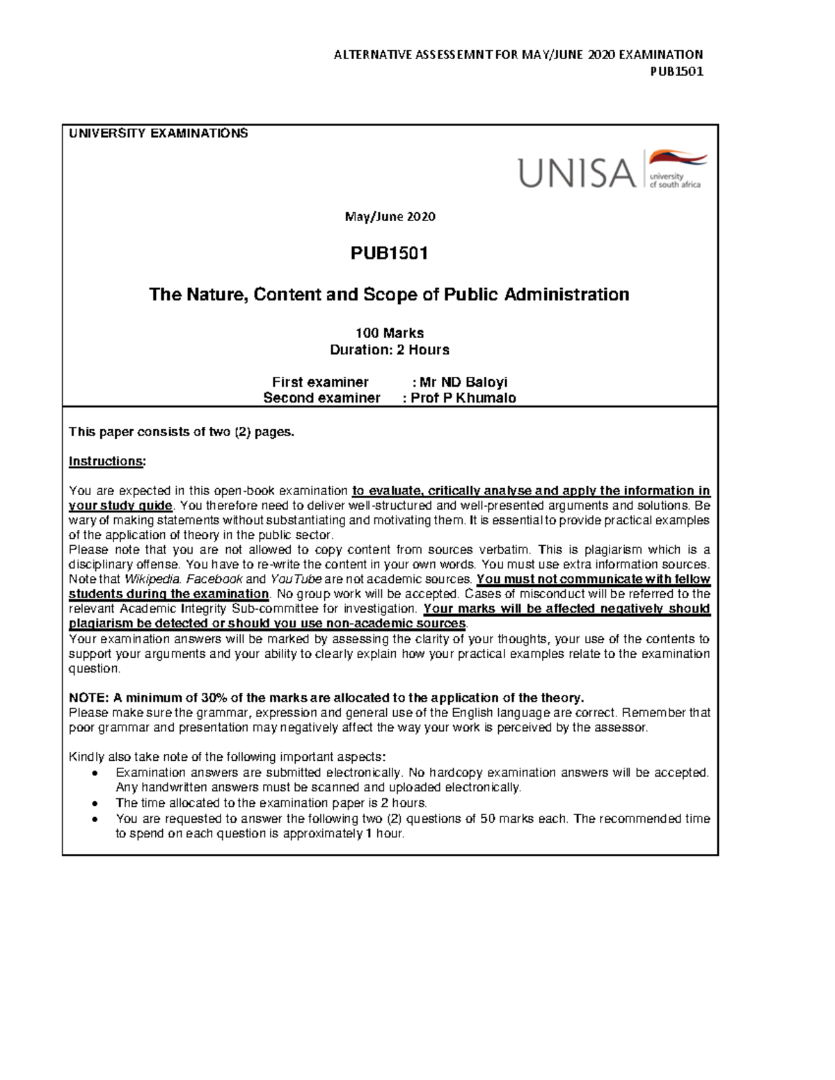 PUB1501 2020 June Exam - Summary Nature, Content and Scope of Public ...