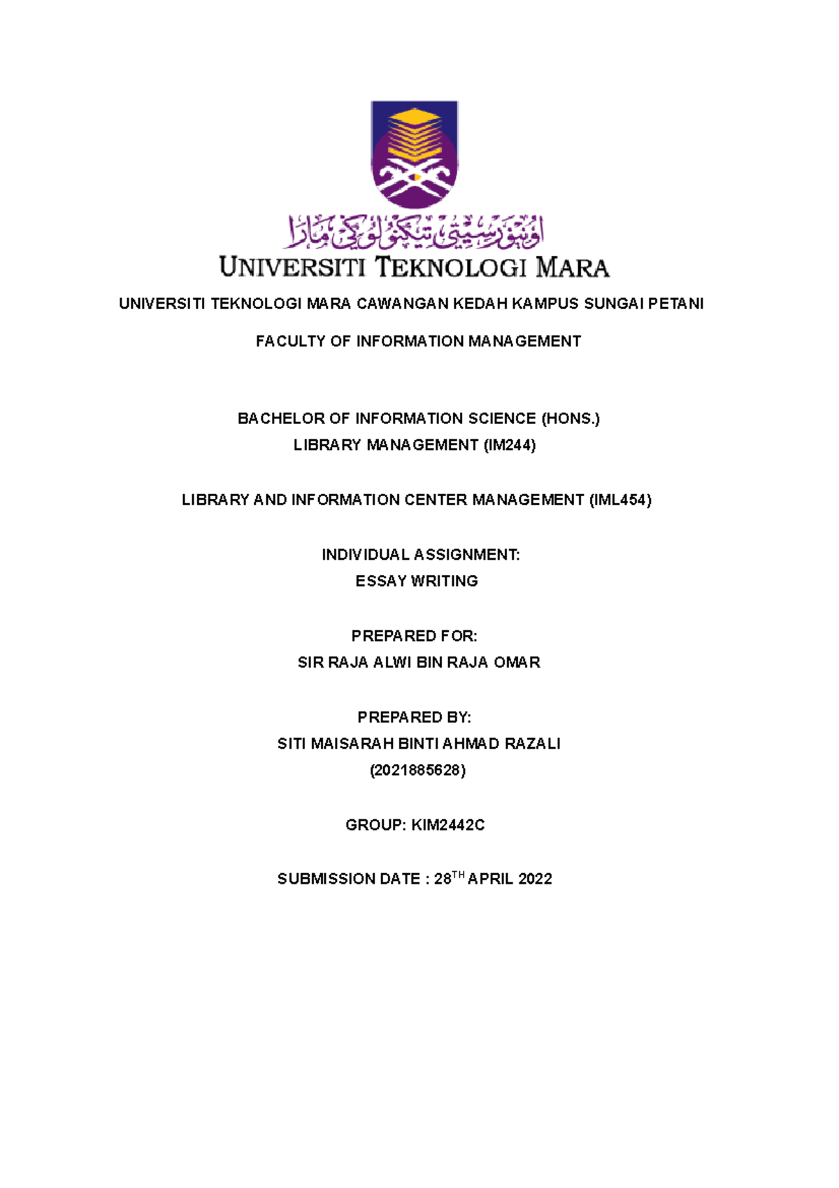 IML454 - Individual Assignment ( Essay) - UNIVERSITI TEKNOLOGI MARA ...