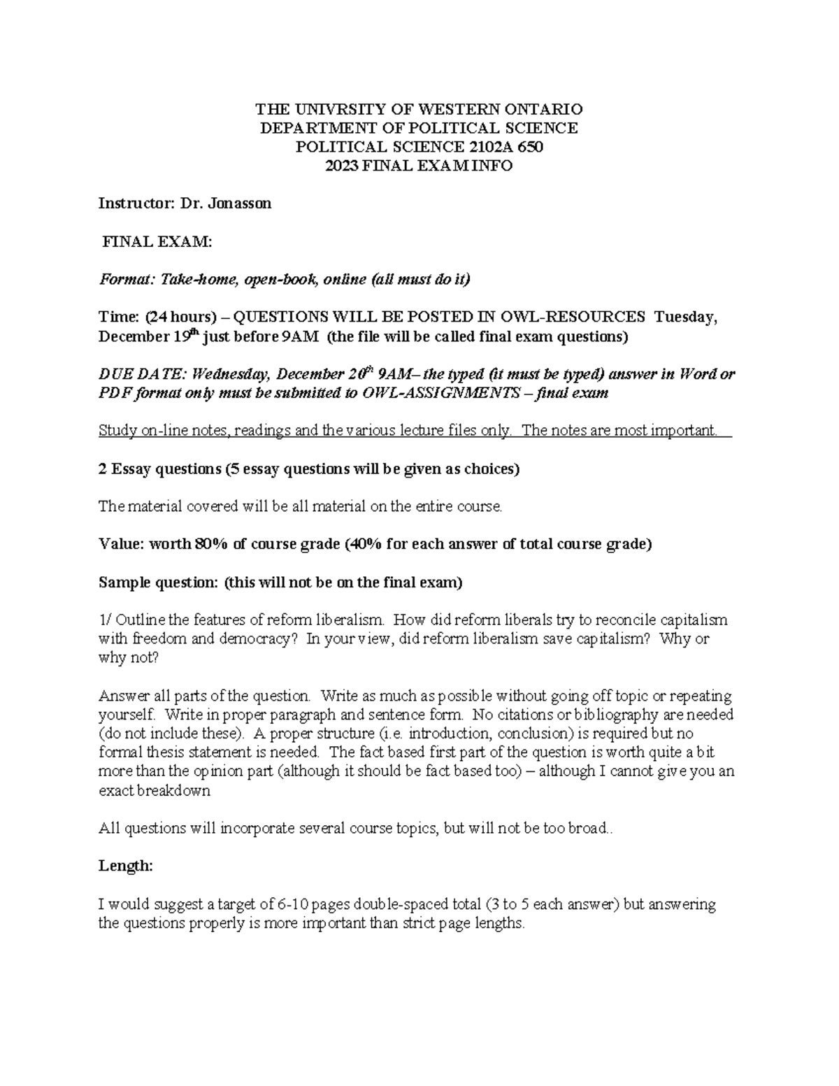 2102A final exam info updated 2023 - THE UNIVRSITY OF WESTERN ONTARIO ...