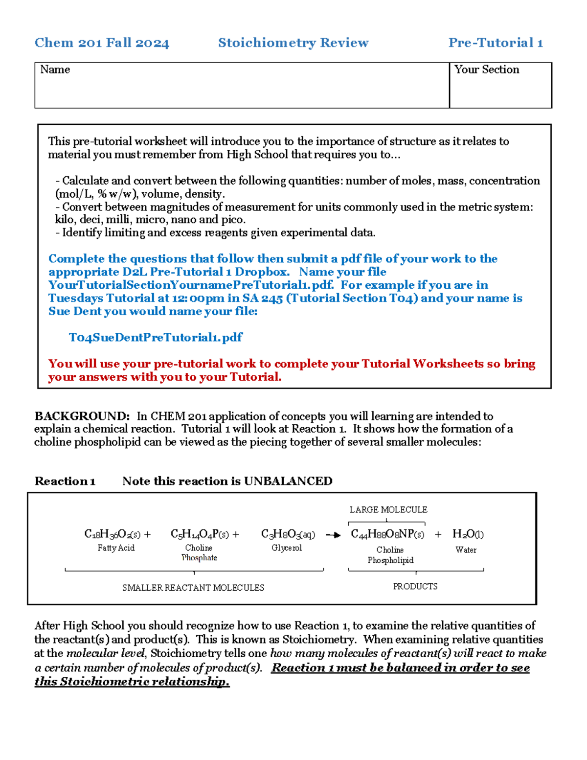201f24 Pre Tut 1 worksheet - Chem 201 Fall 2024 Stoichiometry Review ...